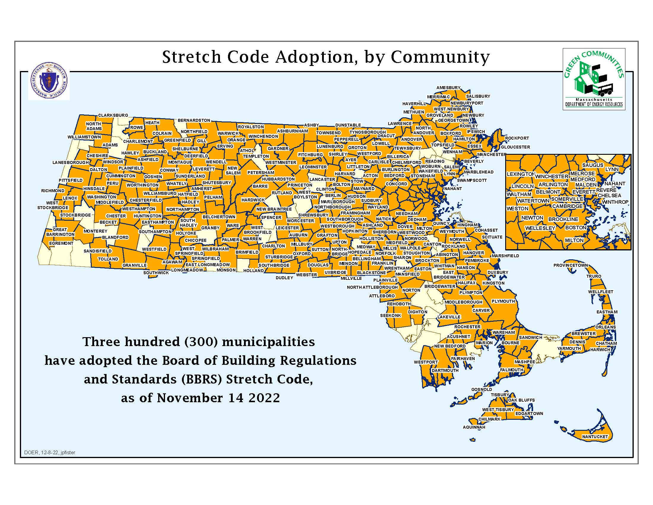 Map of 2023 stretch code cities/towns in Massachusetts